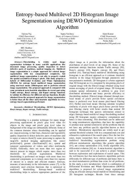 Pdf Entropy Based Multilevel 2d Histogram Image Segmentation Using Dewo Optimization Algorithm