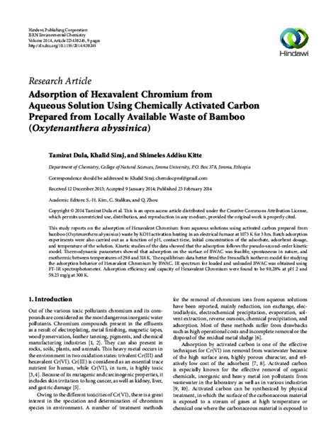 Pdf Adsorption Of Hexavalent Chromium From Aqueous Solution Using Chemically Activated Carbon