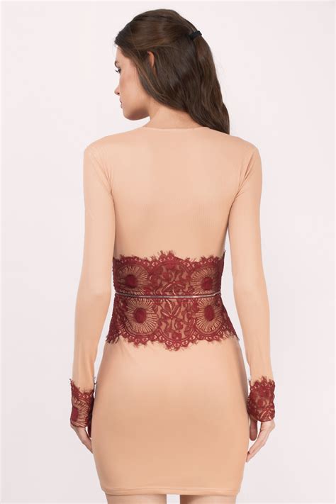 Red Mini Dress Lace Bodycon Dress Wine And Nude V Neckline Dress