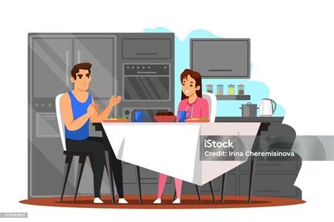 집에서 저녁 식사를 먹는 행복한 부부 식탁에 앉아 있는 부엌의 젊은 가족 집 벡터 일러스트에서 사랑과 로맨스 현대적인 인테리어 디자인의 식당 가정 생활에 대한 스톡 벡터