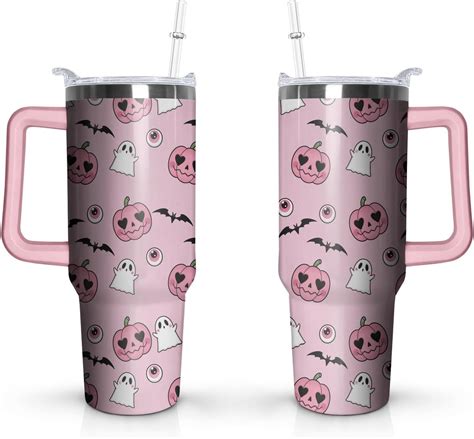 Halloween Tumbler With Lid And Straw 40oz Pink Halloween Spooky Bat