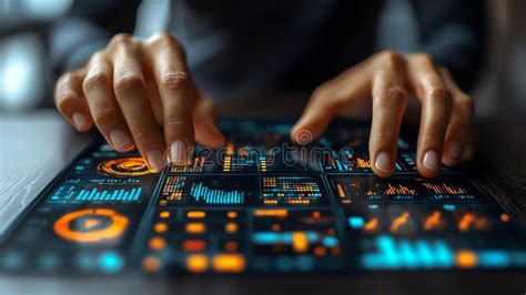 Hands Interacting With A High Tech Digital Interface Displaying Data And Analytics Stock