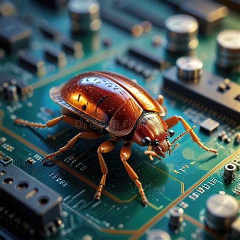 Digital Computer Bug On Circuit Board Concept Representation Of Software Error Stock