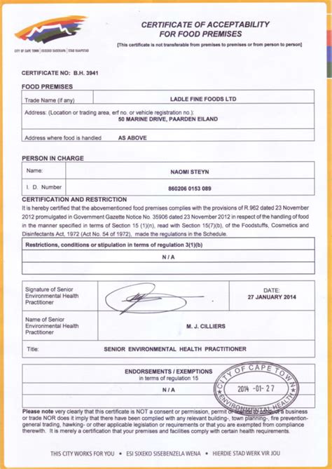 Certificate Of Acceptability For Food Premises 04022014 Ladle Fine Foods