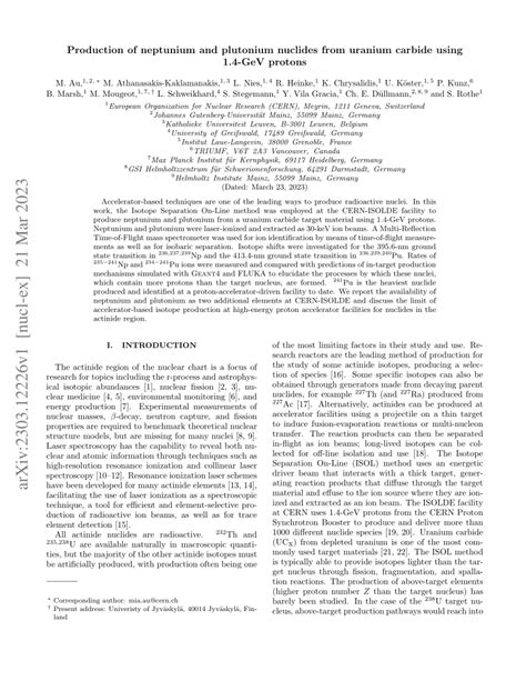 Pdf Production Of Neptunium And Plutonium Nuclides From Uranium Carbide Using 1 4 Gev Protons