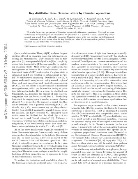 Pdf Key Distillation From Gaussian States By Gaussian Operations