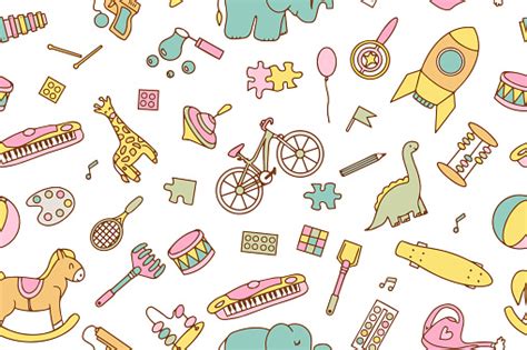 흰색 배경에 어린이 장난감이 있는 완벽 한 패턴입니다 포장지 섬유 아동복 벽지 포장을 위한 디자인 벡터 일러스트 레이 션 0명에 대한 스톡 벡터 아트 및 기타 이미지