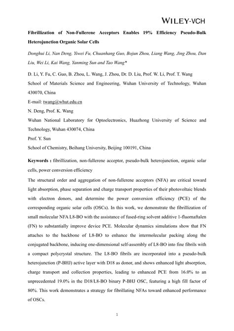 Pdf Fibrillization Of Non Fullerene Acceptors Enables 19 Efficiency Pseudo Bulk