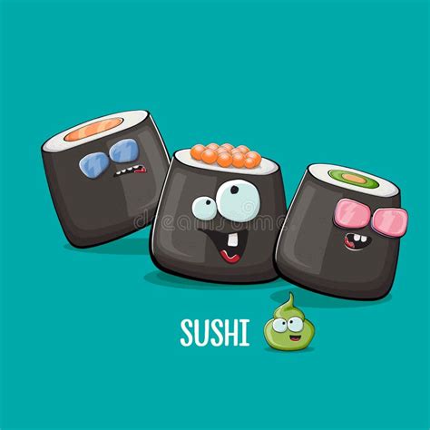 Vintage Sushi Poster Design Template With Sushi Cartoon Characters And