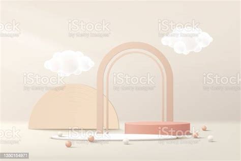 추상적 인 사실적 3d 화이트와 핑크 기하학적 받침대 연단 은 구름 비행과 공이 설정됩니다 제품 디스플레이 프리젠 테이션을위한