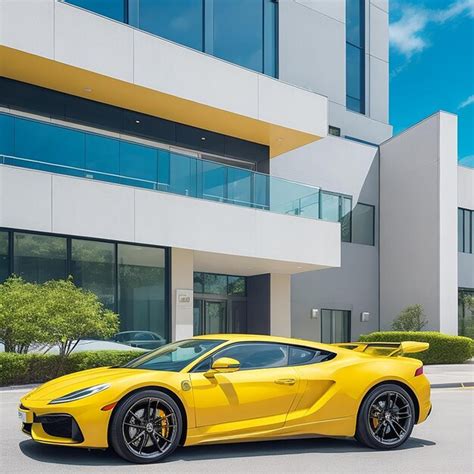 Premium Ai Image Luxury Car Parked Outside Yellow Modern Building