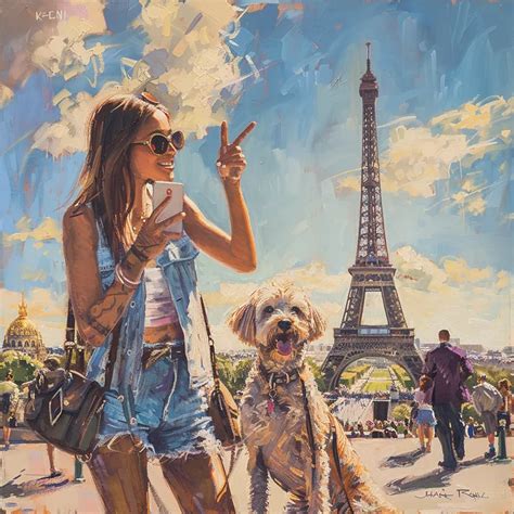파리 에펠탑 앞에서 V하고 사진찍고 있는 여성과 강아지의 모습을 유화로 생성해봤어요~ 오픈프롬프트 Openprompt