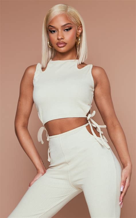 Sand Wide Rib Cut Out Detail Crop Top Co Ords Prettylittlething