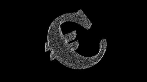 3d-знак евро, состоящий из белых частиц и точек, вращается по 3 осям ...