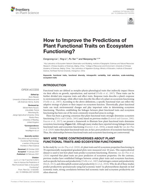 Pdf How To Improve The Predictions Of Plant Functional Traits On Ecosystem Functioning