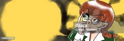 안경을 쓴 페미니스트 여성이 누군가와 화를 내는 70년대 쇼조 만화 스타일로 그려진 일러스트 땋은 머리에 대한 스톡 벡터 아트