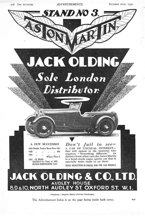 Aston Martin Car Autocar Advert 1931 Jack Olding Aston Martin Cars