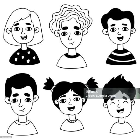귀여운 아이들의 낙서 초상화 웃는 만화 소녀와 소년의 컬렉션입니다 벡터 고립 된 손 그림 디자인과 장식 아이 컬렉션 Sketch