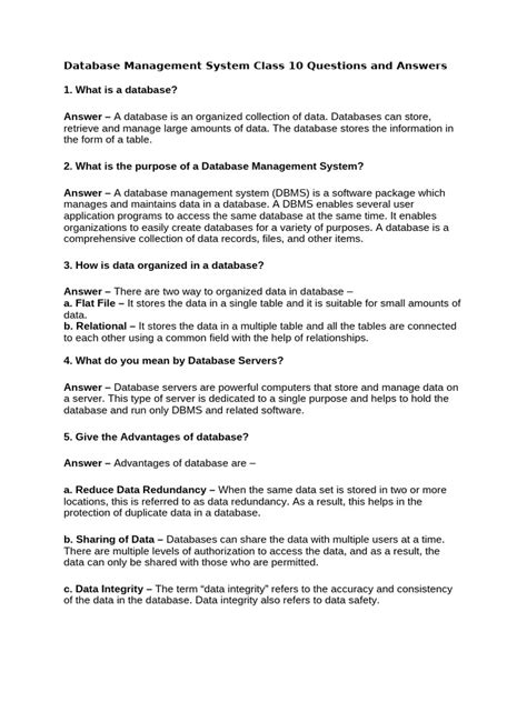 Database Management System Class 10 Questions And Answers Pdf Databases Relational Database