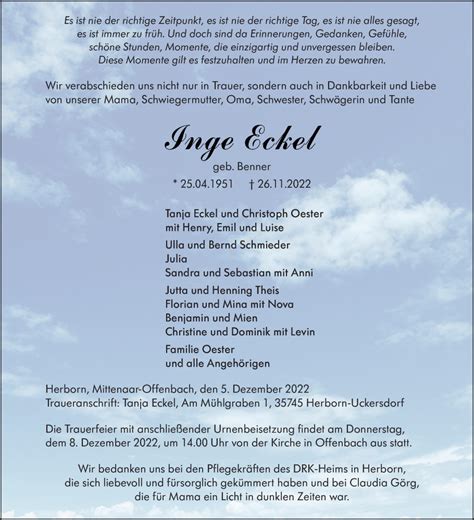 Traueranzeigen Von Inge Eckel Vrm Trauerde