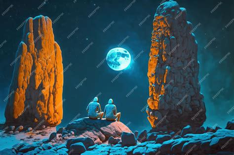 Premium Photo Two Astronauts Siting On Rocks Looking At The Night Sky