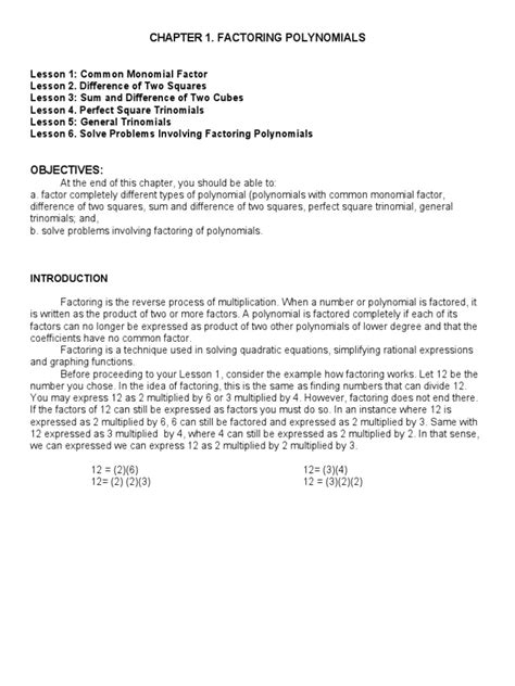 Chapter 1 Factoring Polynomials Pdf Factorization Polynomial