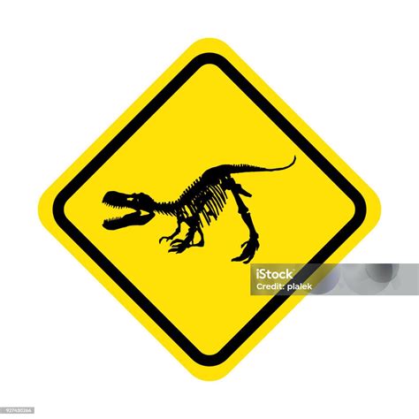 노란색 경고 기호 흰색 배경에 고립 된 공룡 벡터 일러스트 레이 션에 티라 렉스 골격 화석 공룡에 대한 스톡 벡터 아트 및 기타 이미지 Istock