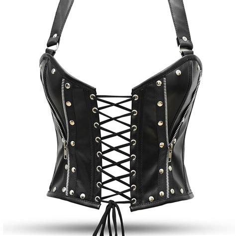 Black Leather Over Bust Corset With Shoulder Straps