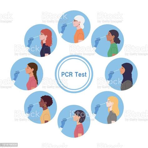 다양한 국가와 인종의 여성을위한 Pcr 테스트 Pcr 장치에 대한 스톡 벡터 아트 및 기타 이미지 Pcr 장치 간호사