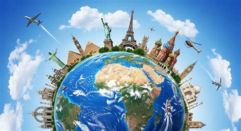 Global Travel Concept With Famous Landmarks And Airplanes Around Earth
