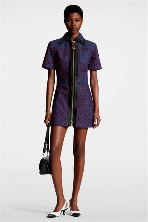 Flocked Monogram Denim Zip Up Dress Women Ready To Wear Louis