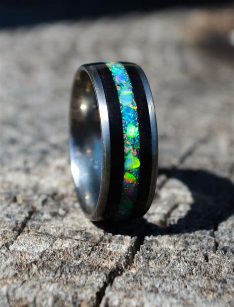 Wood Opal Inlay Ring Titanium Opal Rings Engagement Rings