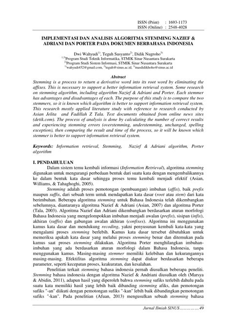 Pdf Implementasi Dan Analisis Algoritma Stemming Nazief And Adriani Dan