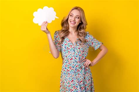 Portrait Of Adorable Cheerful Lady Wear Trendy Sarafan Showing Empty