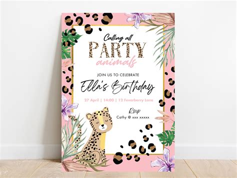 Editable Cute Wild Leopard Print Birthday Party Invitation Etsy