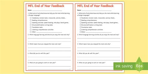 End Of Year Feedback Questionnaire Cards Teacher Made