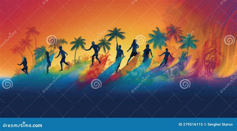 A Group Of People Riding Surfboards On Top Of A Wave Generative Ai