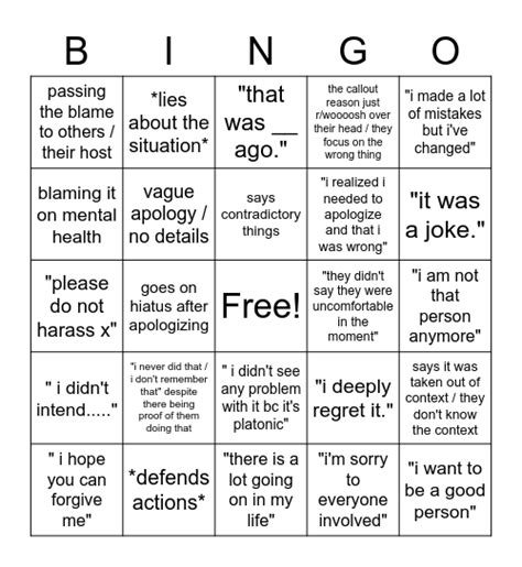 Apology Bingo Card