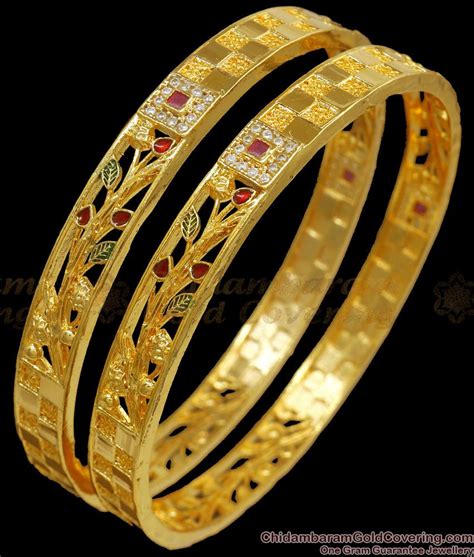 Br2153 2 4 Trendy Set Of Two Forming Gold Bangles Enamel Leaf Design
