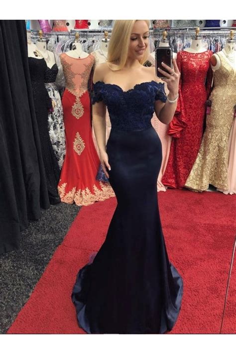 Mermaid Lace Off The Shoulder Long Black Prom Dresses Formal Evening