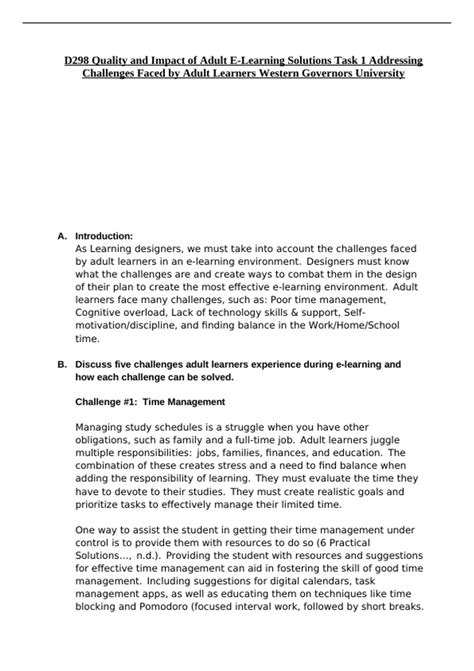 D298 Quality And Impact Of Adult E Learning Solutions Task 1 Addressing