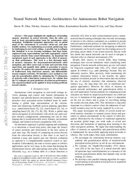 pdf neural network memory architectures for autonomous robot navigation