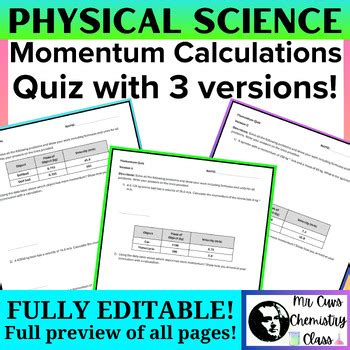 Physical Science Motion Unit Momentum Quiz Calculations With Typed Key