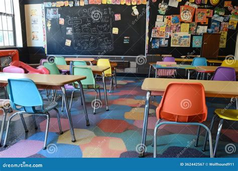 A Nostalgic 90s Classroom With Colorful Plastic Chairs Patterned