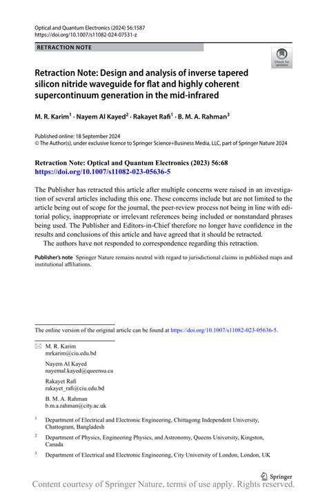 Retraction Note Design And Analysis Of Inverse Tapered Silicon Nitride Waveguide For Flat And