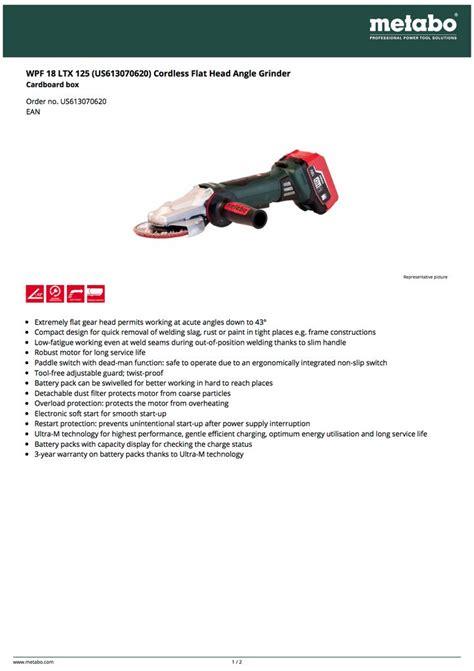 Metabo WPF 18 LTX 125 Cordless Flat Head Angle Grinder US613070620
