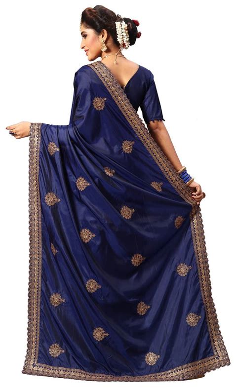 Navy Blue Embroidered Silk Saree With Blouse Trendmalls 2727689