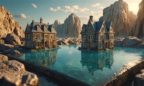 Serene Fantasy Landscape Features Two Castle Like Structures With Blue Roofs Nestled Amidst