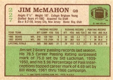 1984 Topps 227 Jim McMahon Trading Card Database