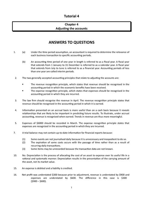 Tutorial Work Week 4 Questions With Answers Tutorial 4 Chapter 4 Adjusting The Accounts